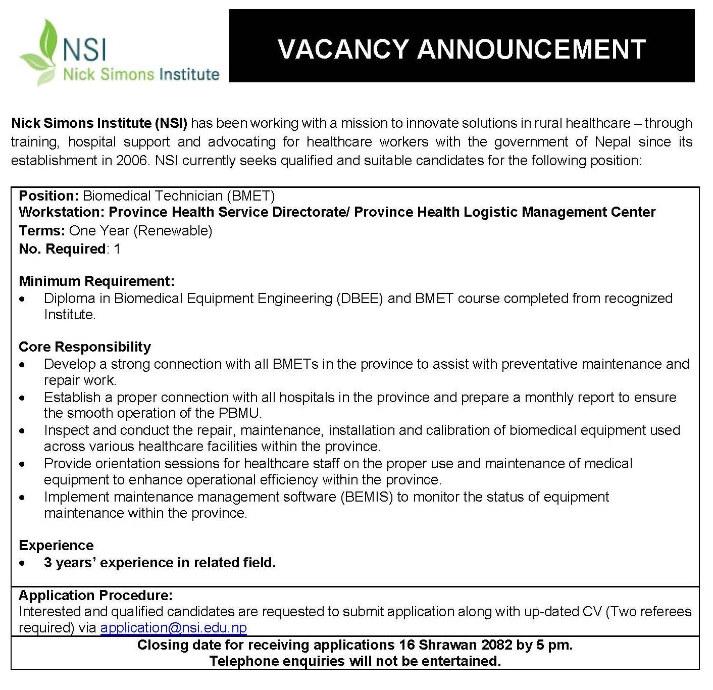 Vacancy for BMET - NSI Nick Simons Institute